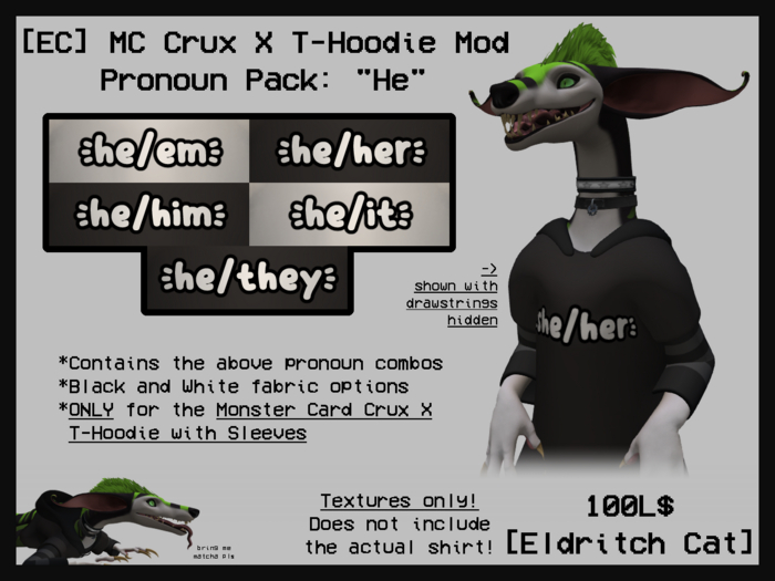 Second Life Marketplace - [Eldritch Cat] MC Crux X Hoodie Mod - Pronoun ...